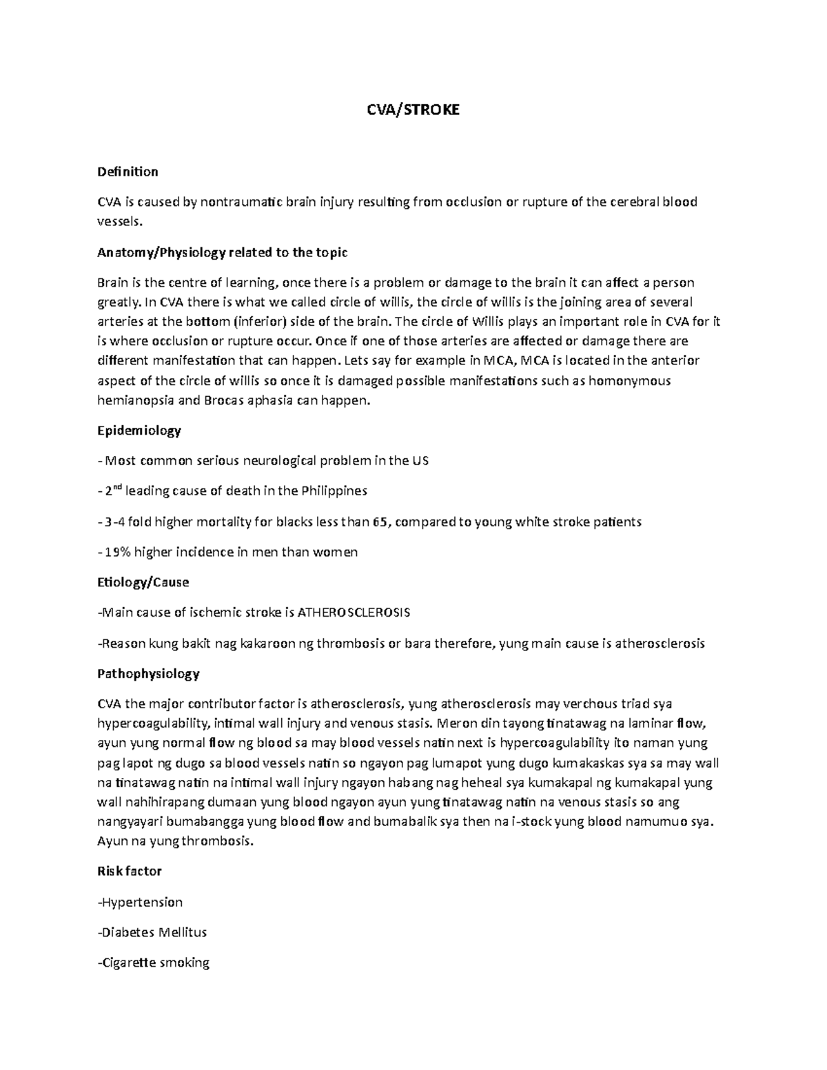 MED-BACK-REVA - NOTES - CVA/STROKE Definition CVA is caused by ...
