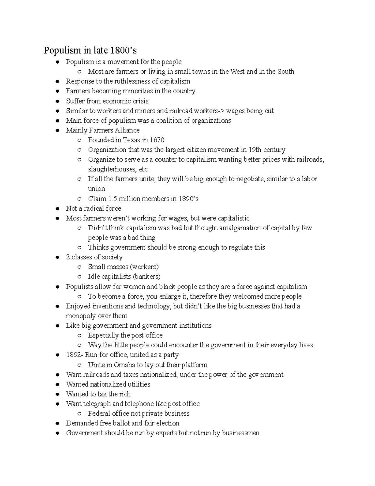 HSTY109 Populism - Populism in late 1800’s Populism is a movement for ...