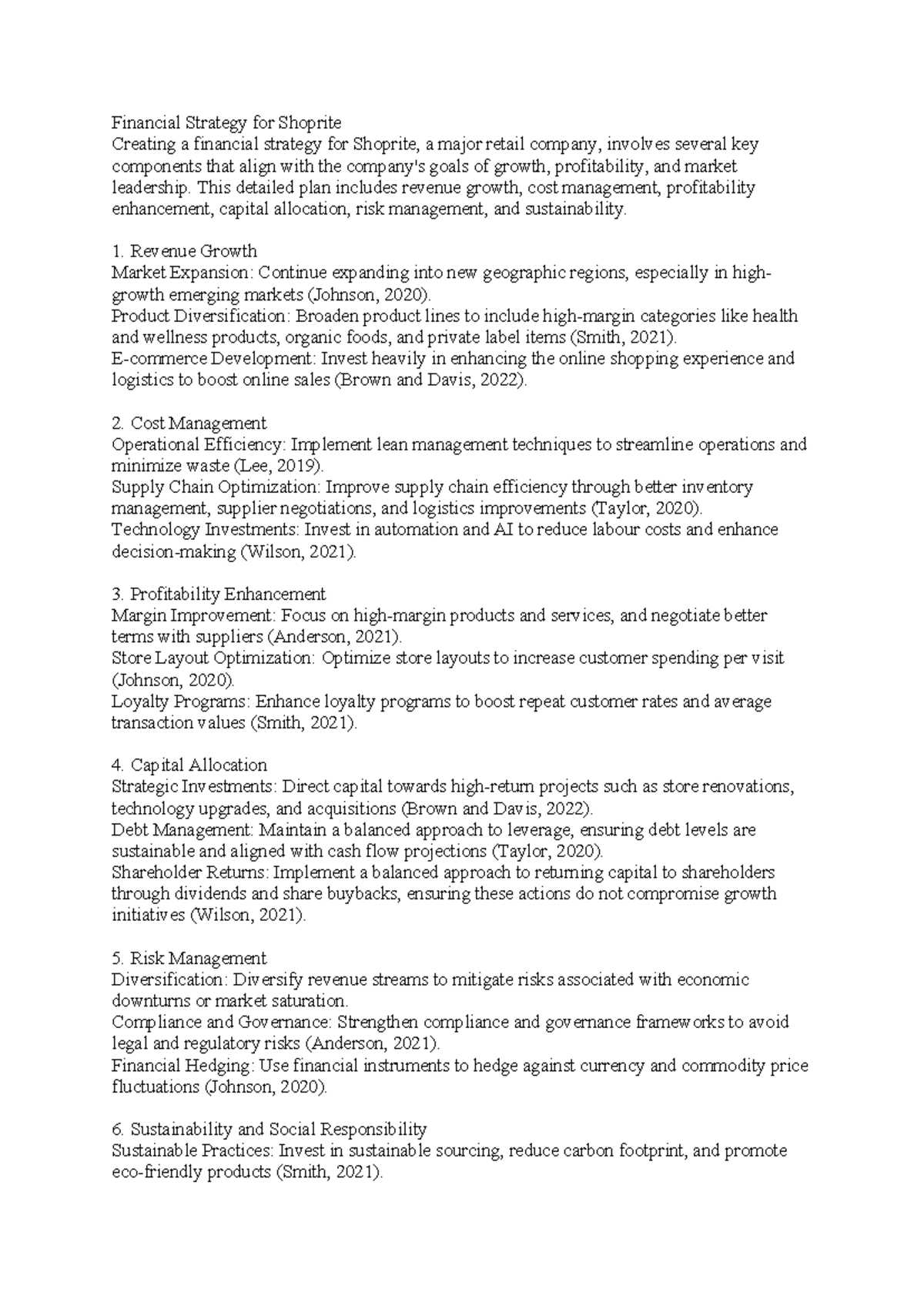 Financial strategy for shoprite - This detailed plan includes revenue ...