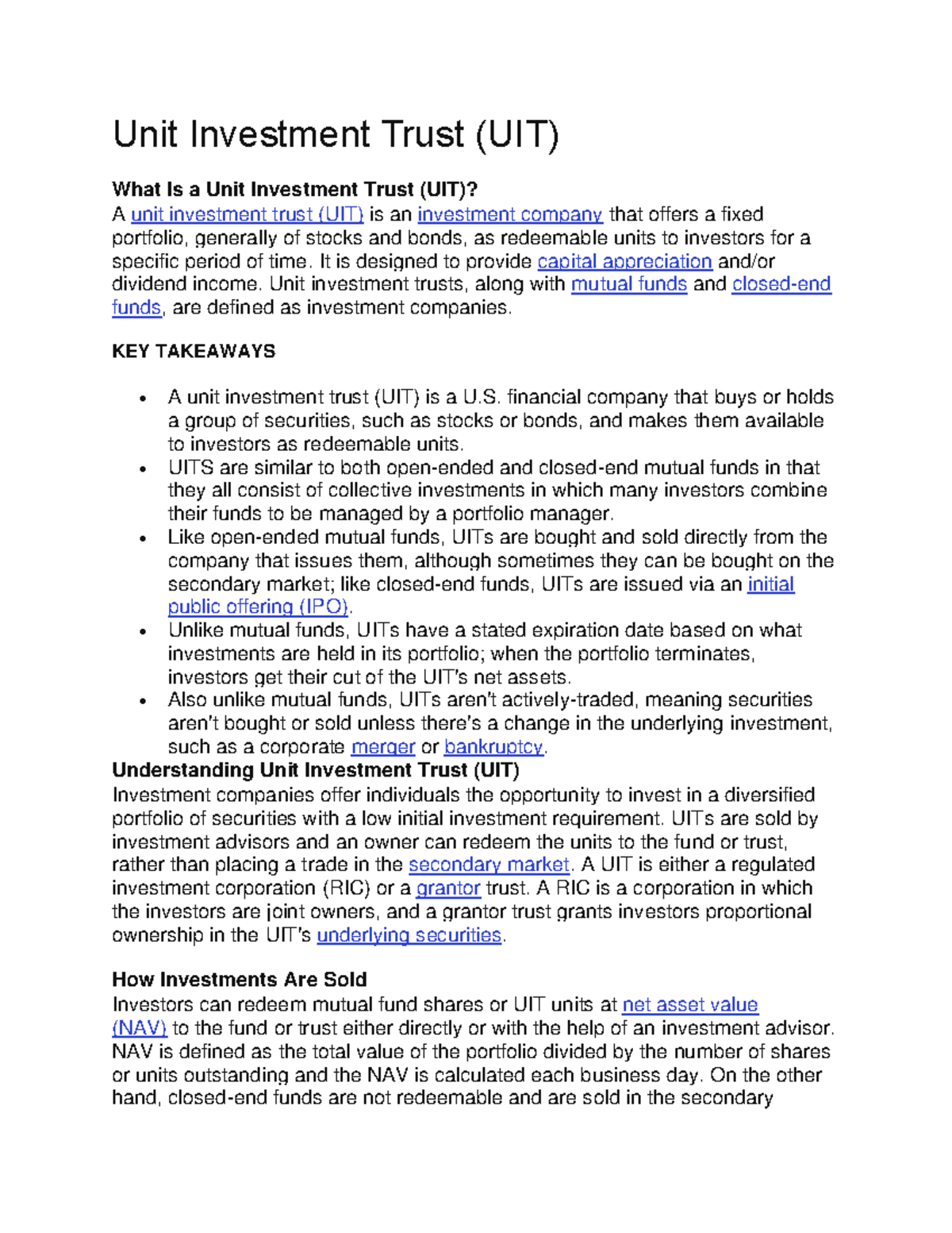 Unit Investment Trust - Lecture notes 1-3 - Unit Investment Trust (UIT ...