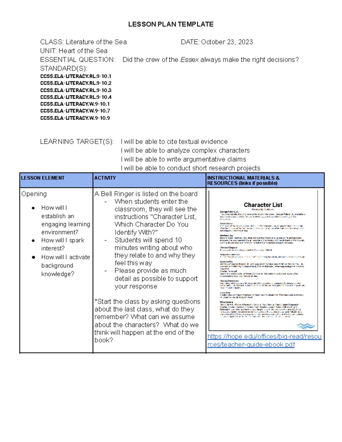 Lesson PLAN Template 2 - LESSON PLAN TEMPLATE CLASS: Literature of the ...