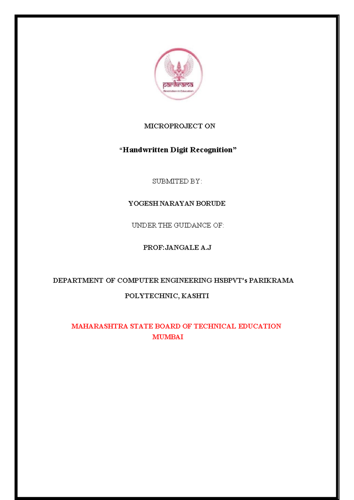 Python Micro Project Microproject On Handwritten Digit Recognition” Submited By Yogesh