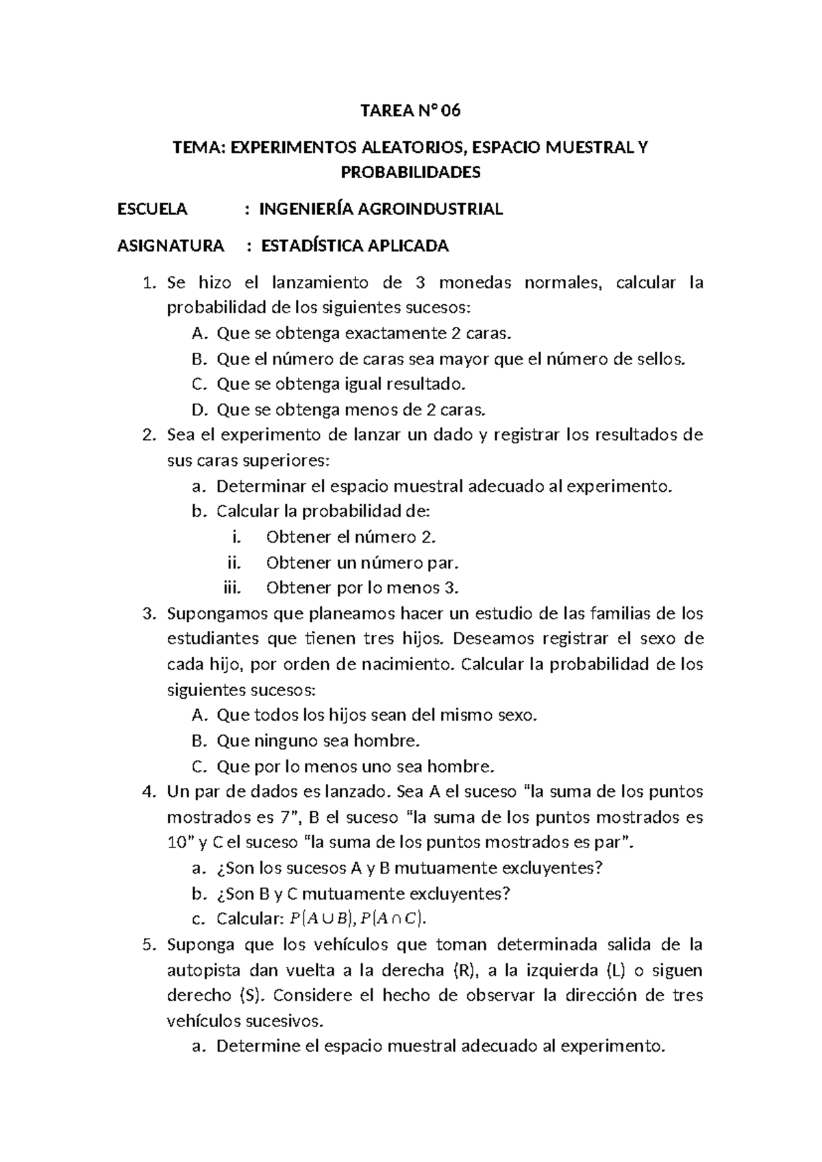 Tarea N° 06 TEMA Experimentos Aleatorios, Espacio Muestral Y ...