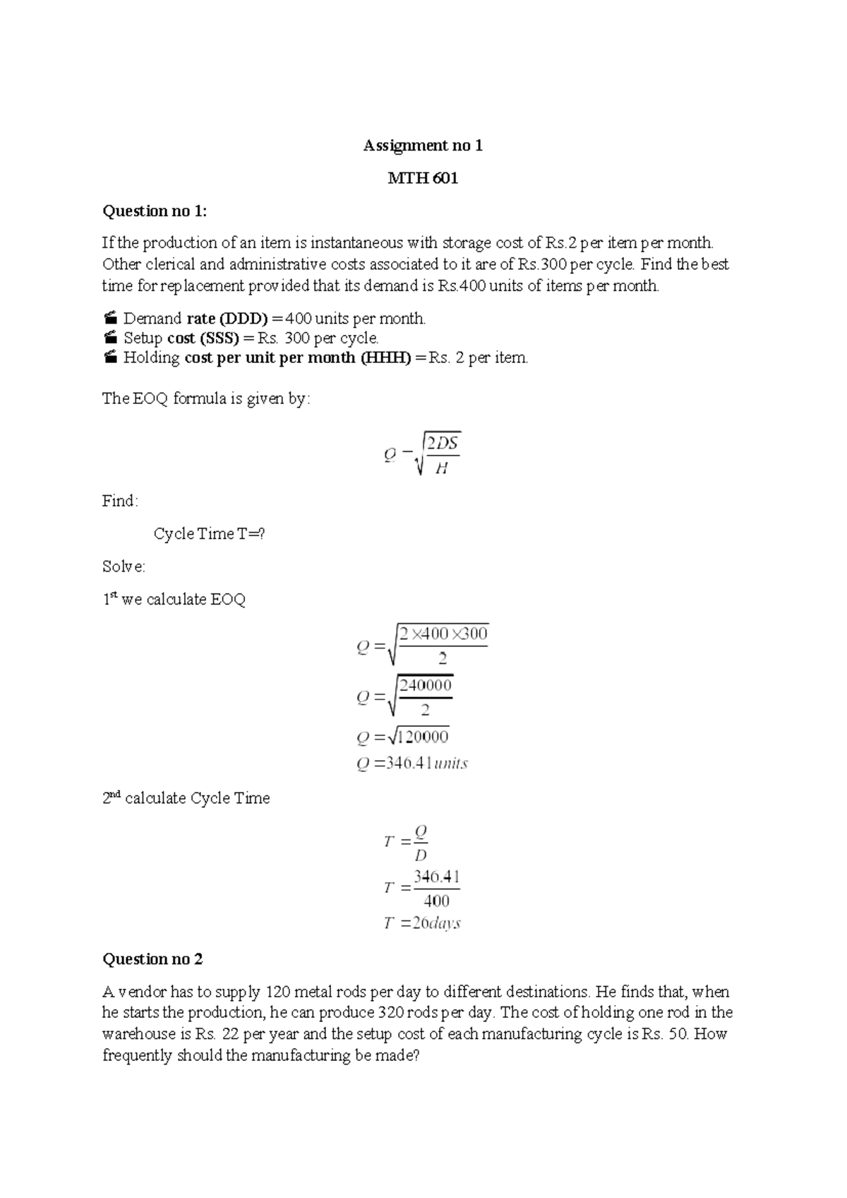 Bc19049917 MTH601 - Assignment no 1 MTH 601 Question no 1: If the production of an item is - Studocu