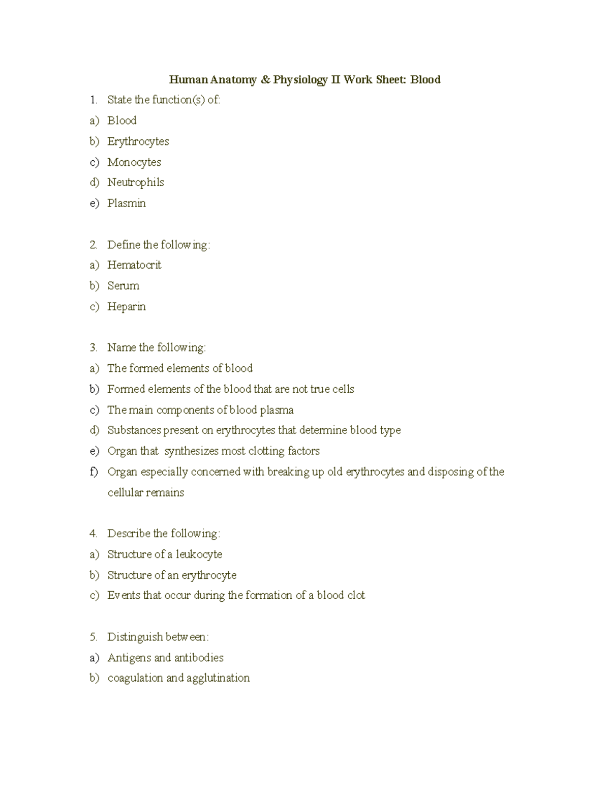Blood Review - Human Anatomy & Physiology II Work Sheet: Blood State ...