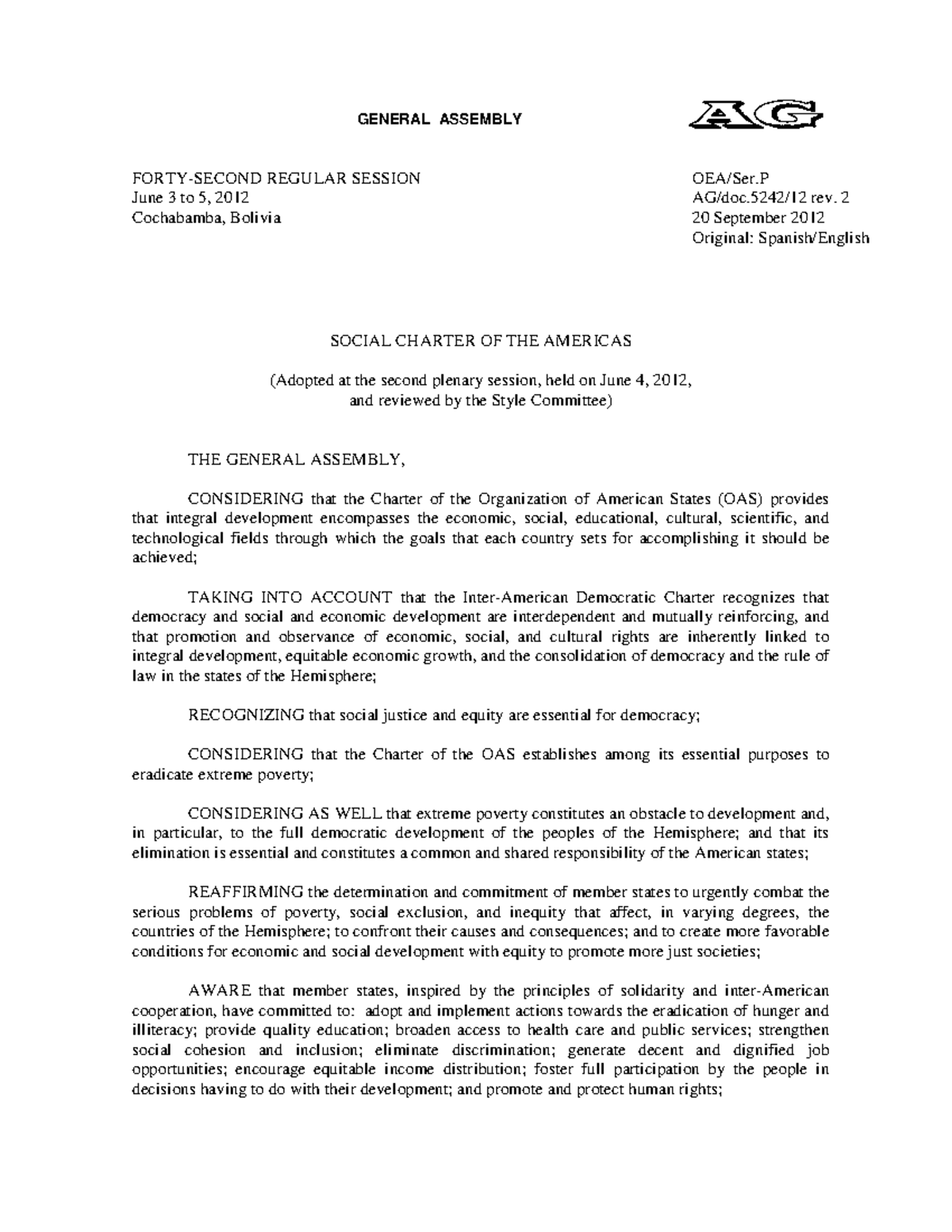 Social charter of the americas - GENERAL ASSEMBLY FORTY-SECOND REGULAR ...