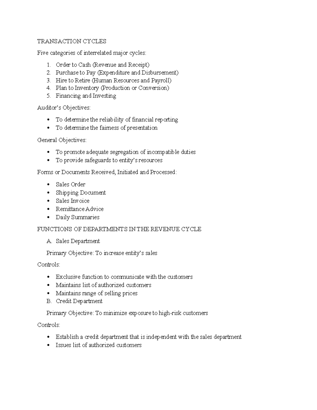 Ch10 - dasdasda - TRANSACTION CYCLES Five categories of interrelated ...