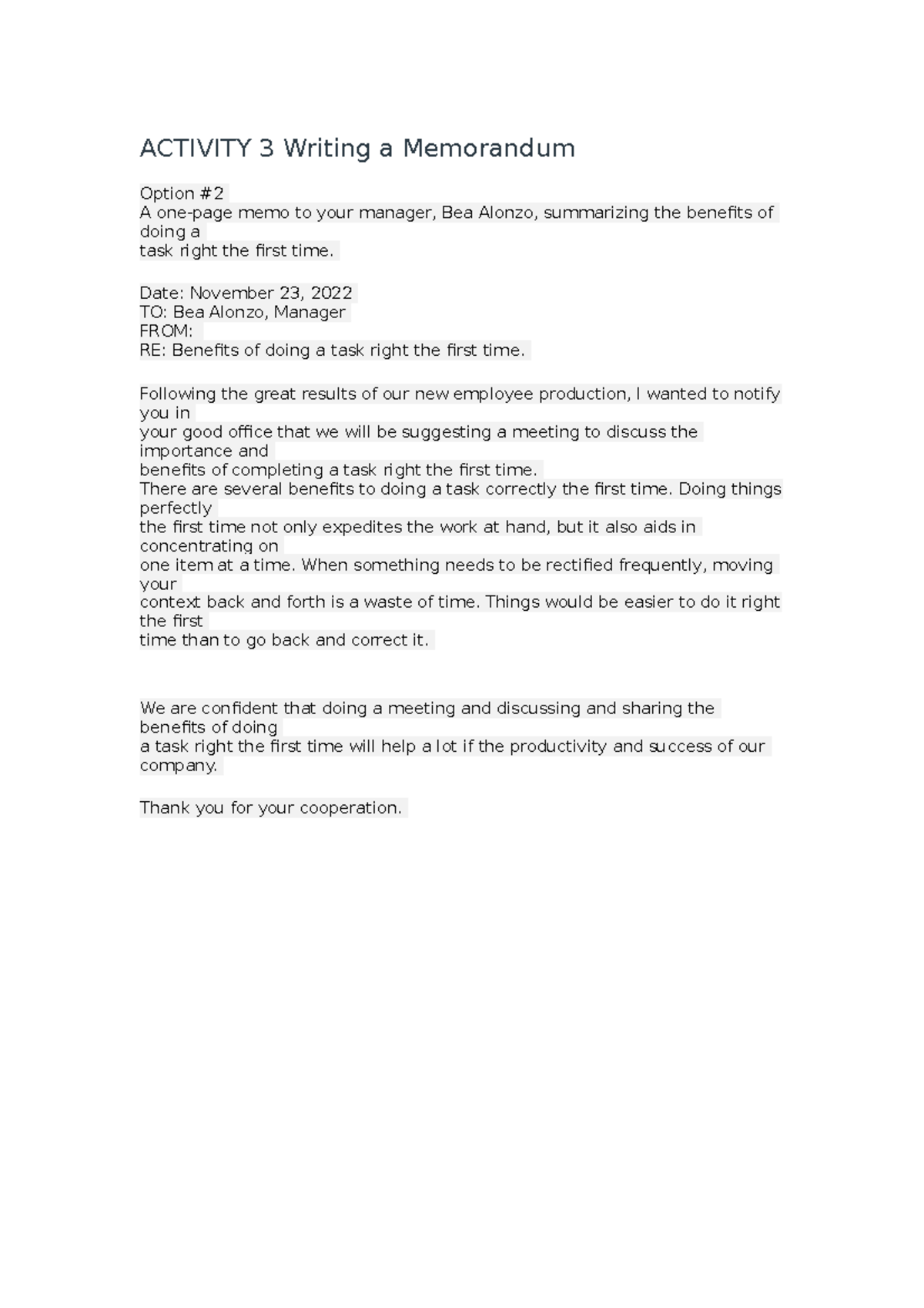 Activity 3 Writing a Memorandum - ACTIVITY 3 Writing a Memorandum ...