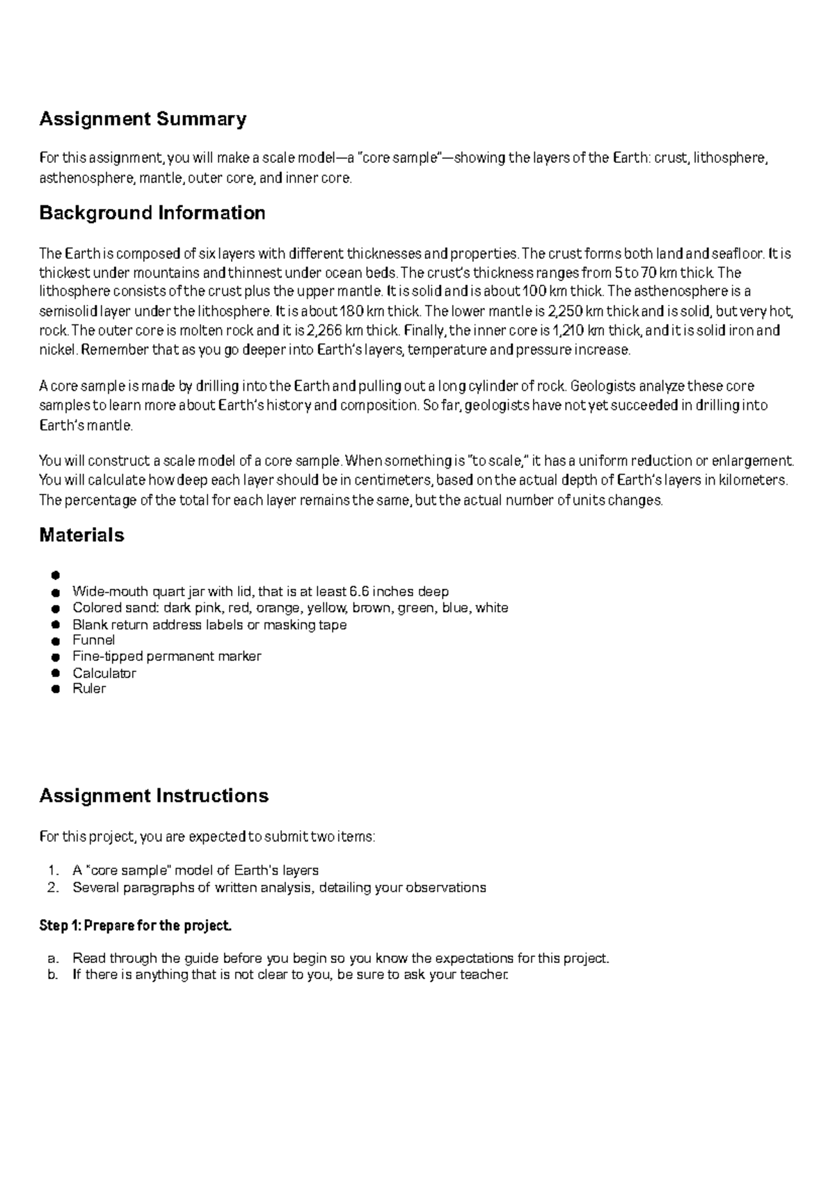 Project-Earth's Layers-student guide - Assignment Summary For this ...