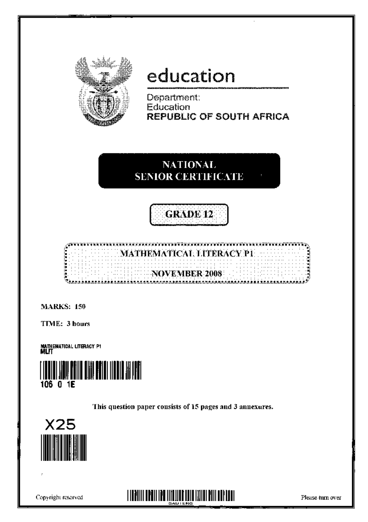GR 12 Maths Literacy P1 NOV 2008 - Studocu