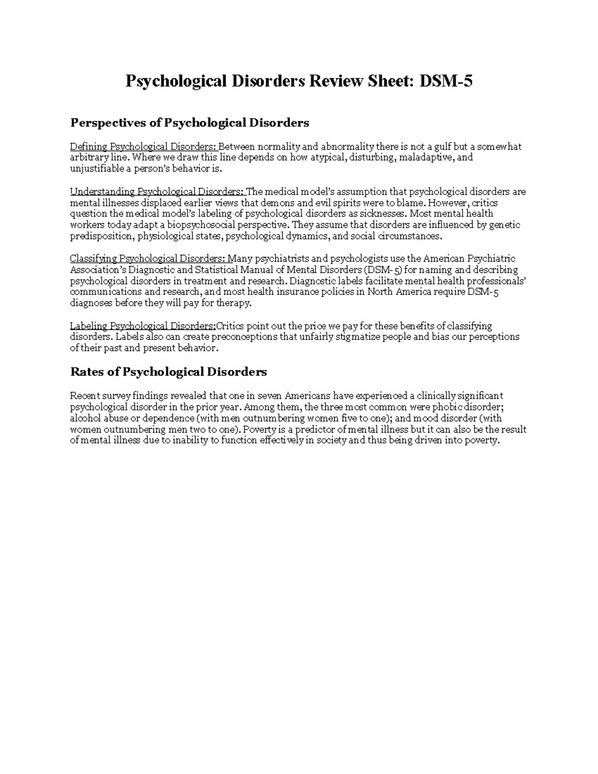 Psychological Disorders Review Sheet - Where we draw this line depends ...