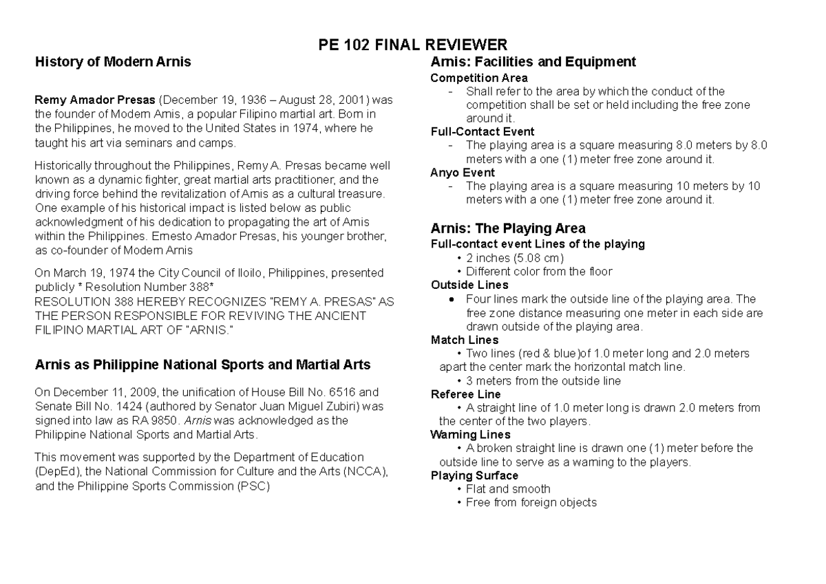 PE 102 Final Reviewer - PE 102 FINAL REVIEWER History of Modern Arnis ...