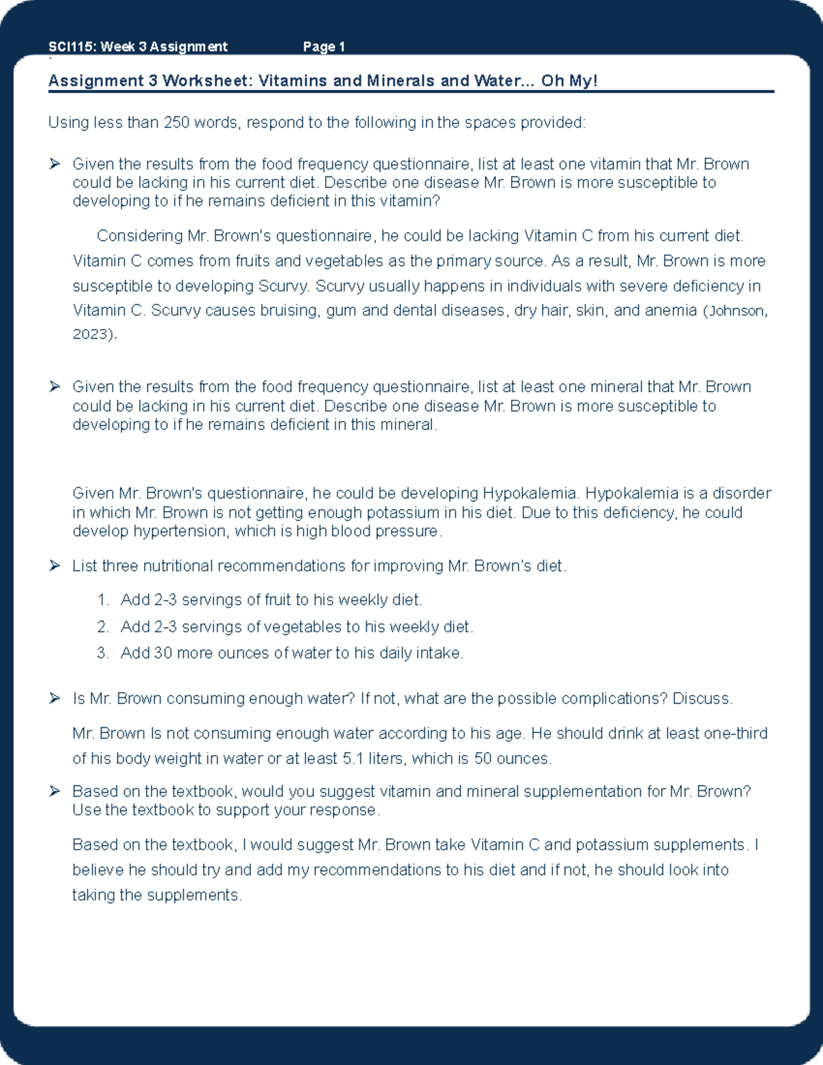SCI115 wk3 assn aaceto 01292023 - SCI115: Week 3 Assignment Page 1 ` Assignment 3 Worksheet ...