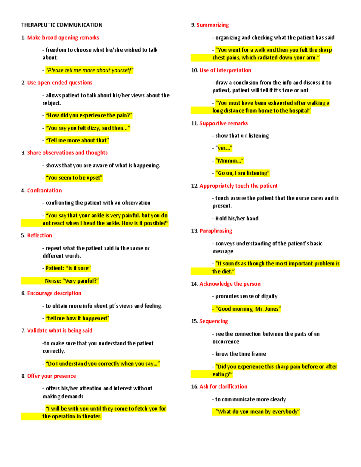 Therapeutic Communication - THERAPEUTIC COMMUNICATION Make broad ...