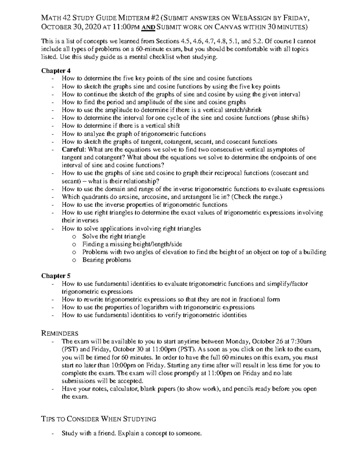 Math 32 Midterm 2 Study Guide Fall 2020 - MATH 42 STUDY GUIDE MIDTERM #2 (SUBMIT ANSWERS ON ...