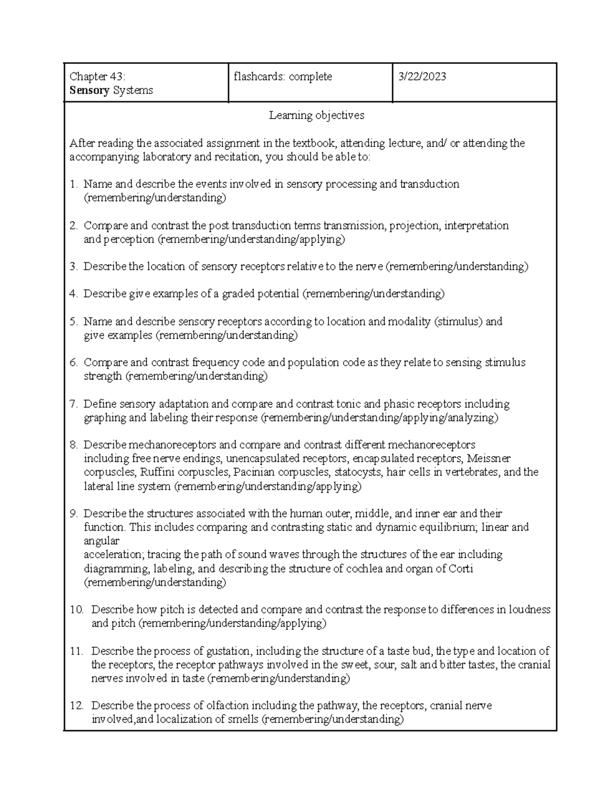 Chap 43-Senses - notes on senses - Chapter 43: Sensory Systems ...