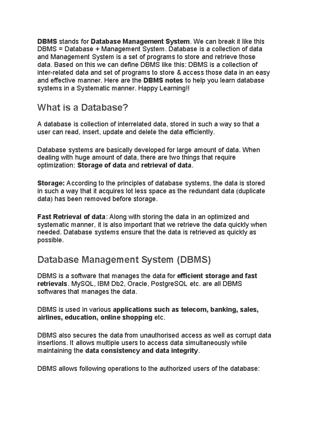 DBMS 1 notes - DBMS stands for Database Management System. We can break ...