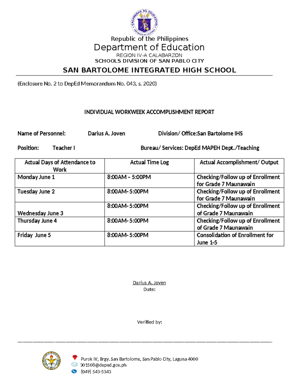 Individual Workweek Accomplishment Report Template sbihs - Purok IV ...