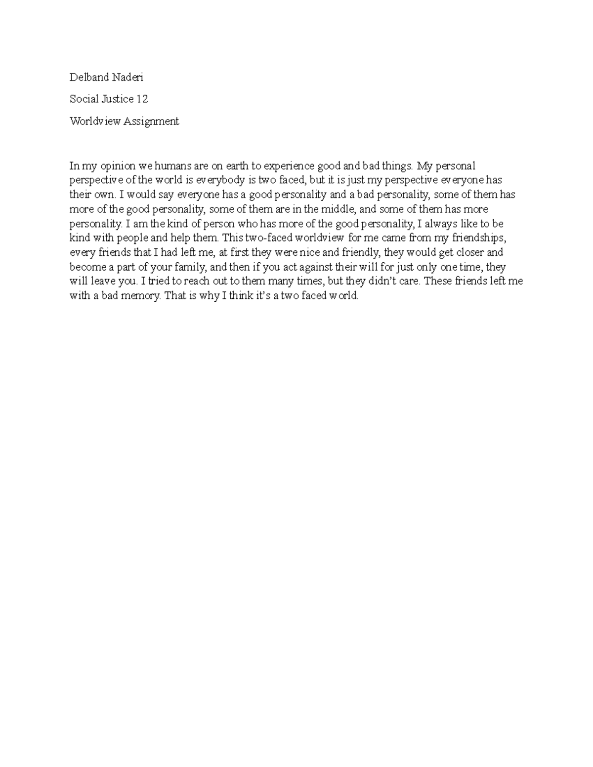 Worldview Assignment - reflection - Delband Naderi Social Justice 12 ...