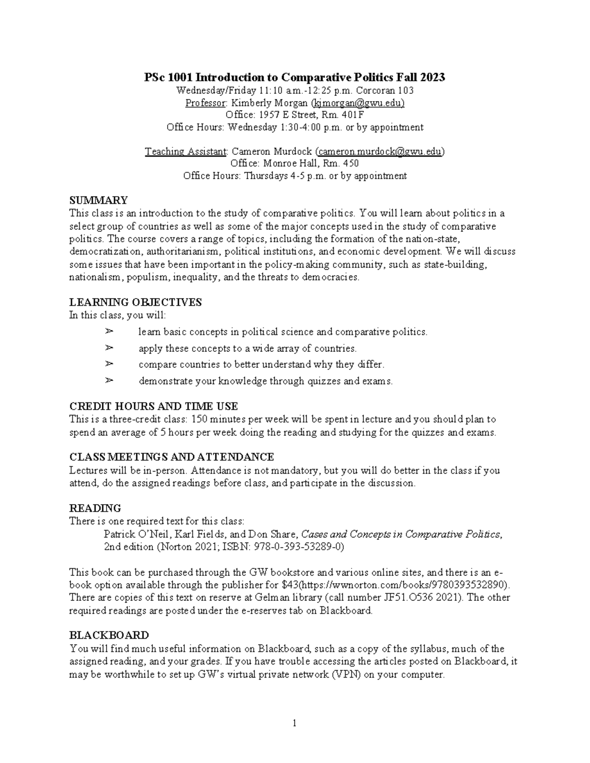 PSC1005 - syllabus - PSc 1001 Introduction to Comparative Politics Fall 2023 Wednesday/Friday 11 ...