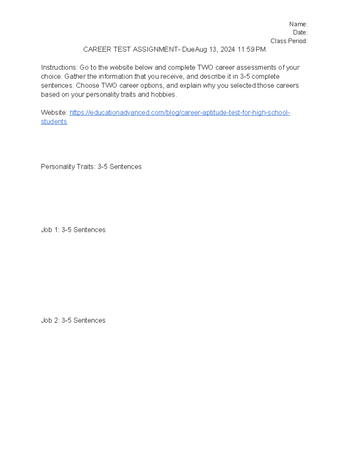Career TEST Assignment - Name: Date: Class Period: CAREER TEST ...
