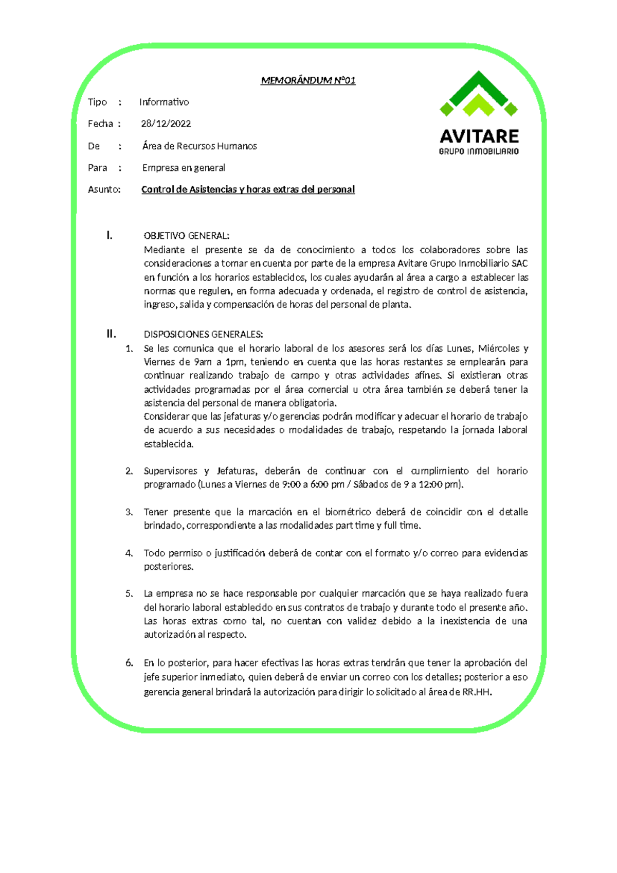 EJEMPLO MEMORANDUM - MEMORÁNDUM N° Tipo : Informativo Fecha : 28/12/ De ...