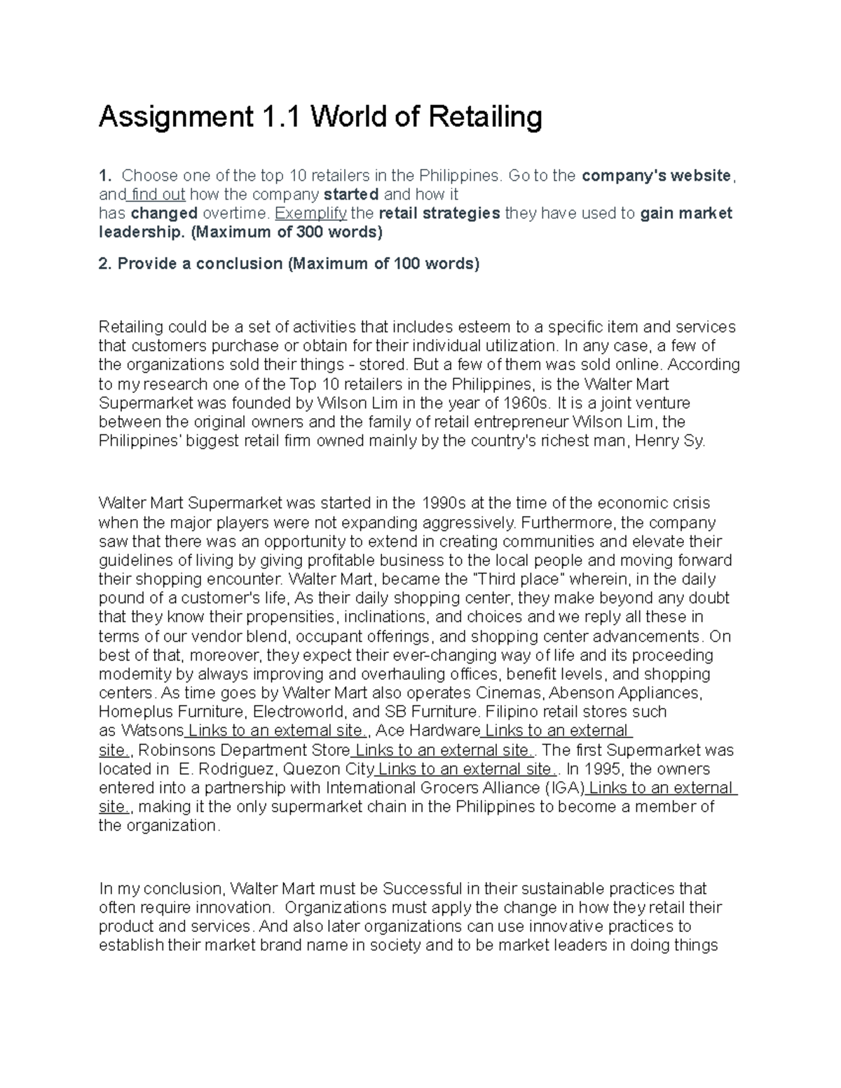 Assignment 1.1 World of Retailing - Assignment 1 World of Retailing ...