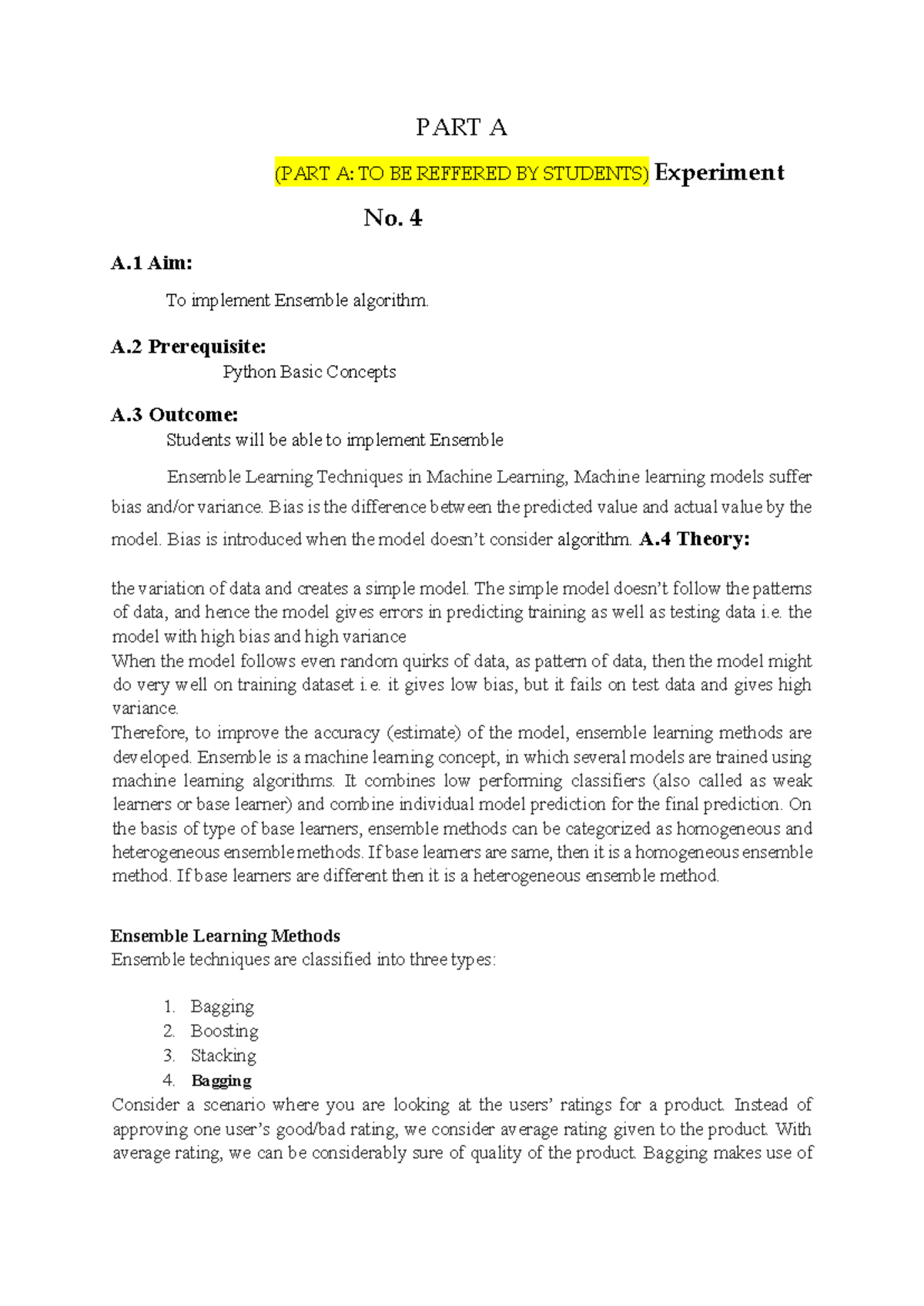 B30 ML Exp 4 - ML experiment - PART A (PART A: TO BE REFFERED BY STUDENTS) Experiment No. 4 A ...