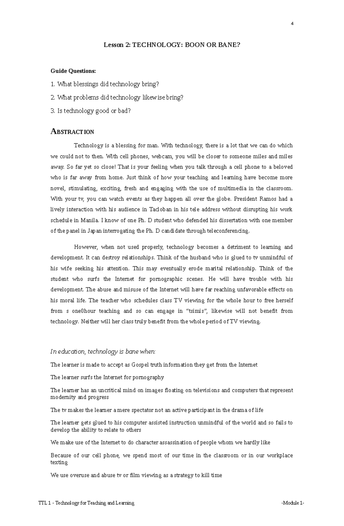 Technology BOON OR BANE - 4 Lesson 2: TECHNOLOGY: BOON OR BANE? Guide ...