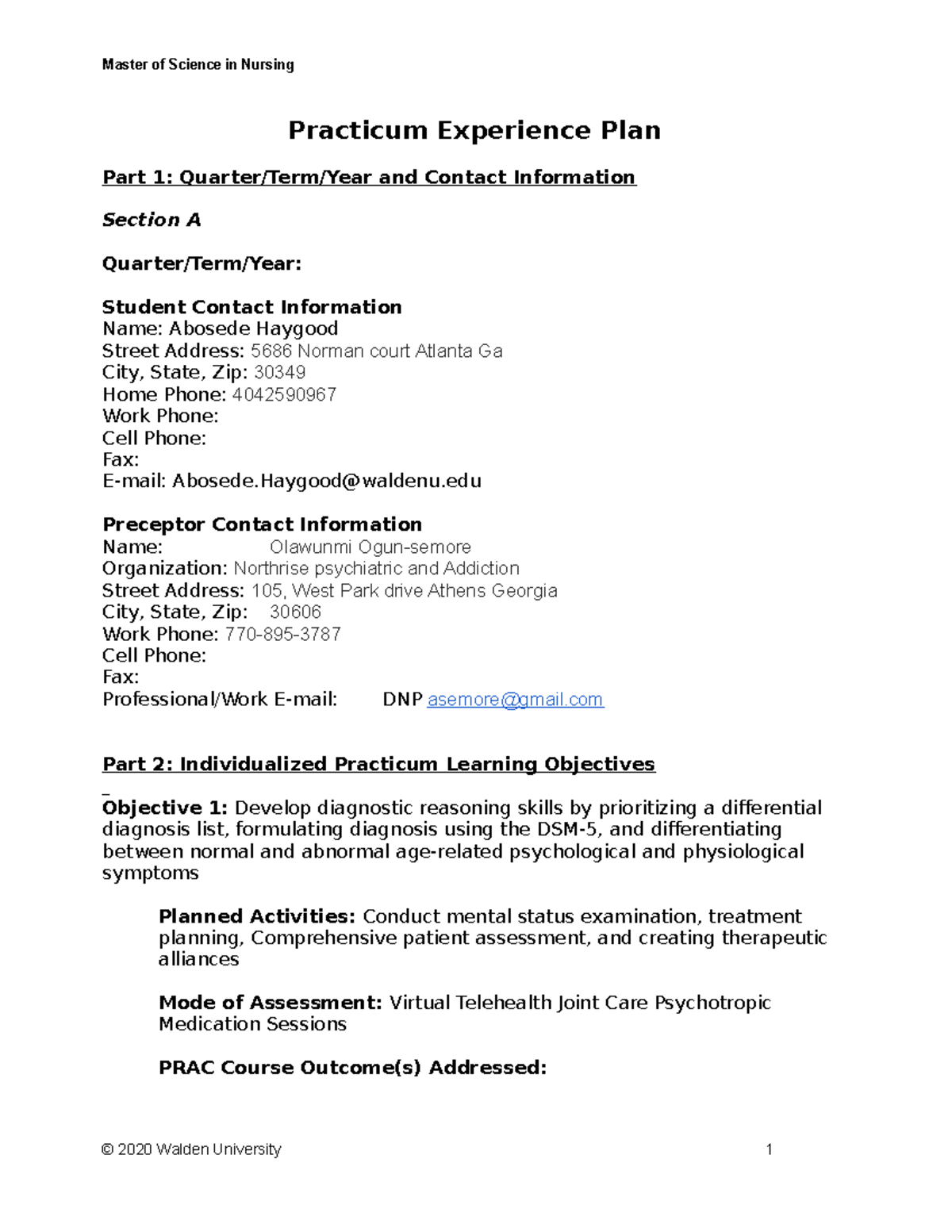 PRAC 6665 Week 2 Assignment 2 - Master of Science in Nursing Practicum ...