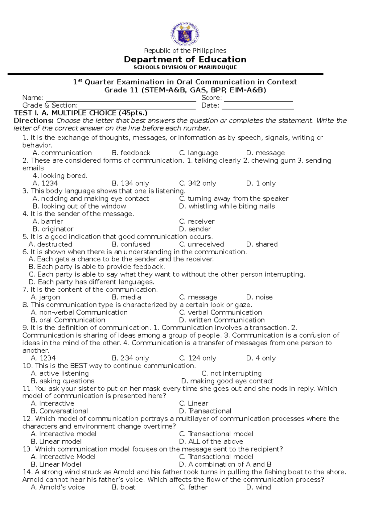1st Quarter Examination in Oral Communication in Context-sy21-22 ...