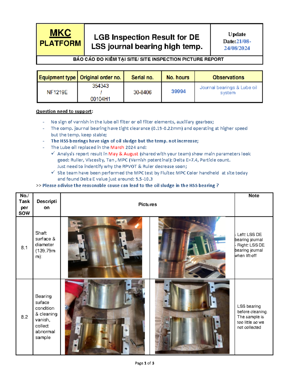 VSP MKC - Oil sludge in the Load Gear Box Journal Bearing (Pressure Dam ...