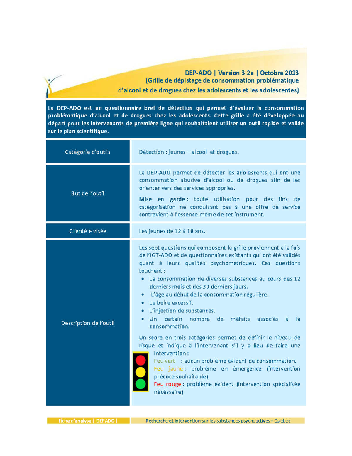 DEP ADO Fiche - outils d'evaluation en dependance - La DEP‐ADO est un questionnaire bref de ...