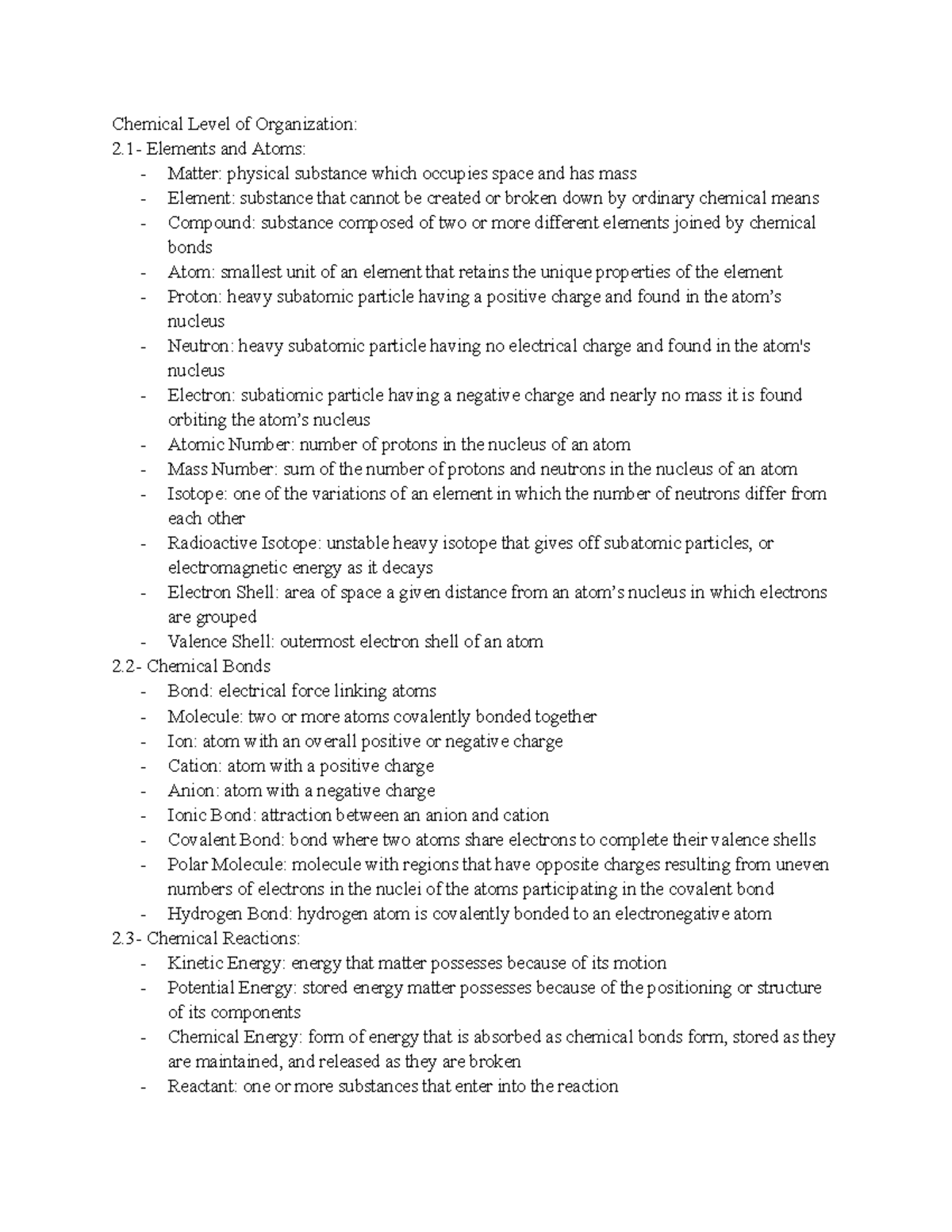 Anatomy Ch. 2 Notes - Chemical Level of Organization: 2- Elements and ...