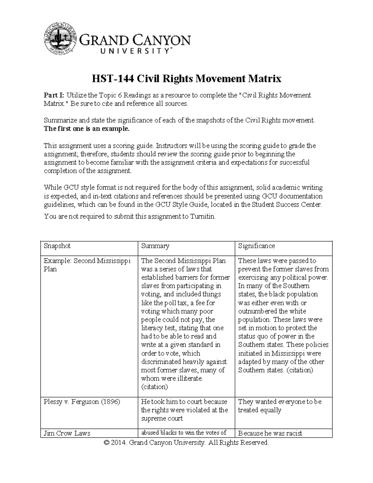HIS144 Civil Rights Movement Matrix - HST-144 Civil Rights Movement ...