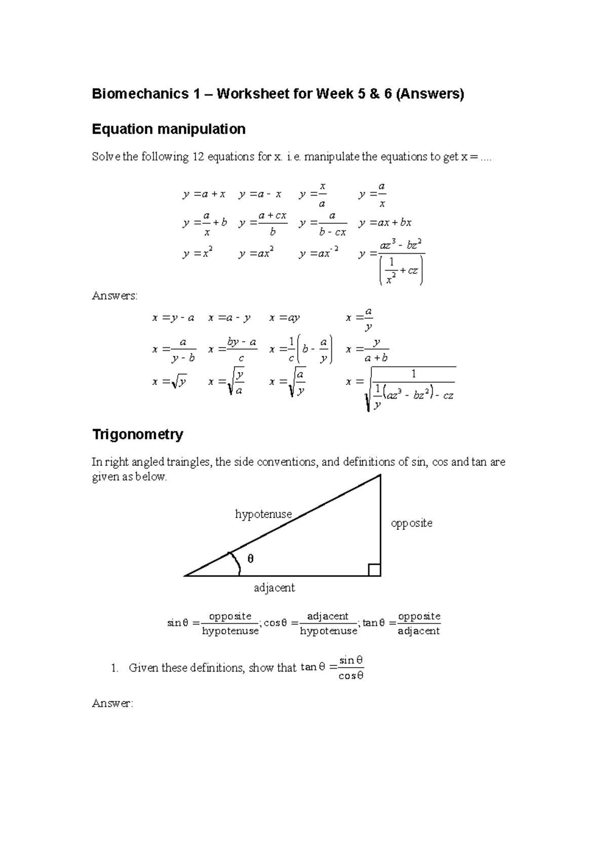 Biomechanics 1 - Week 5 6 -answers - Biomechanics 1 – Worksheet for ...
