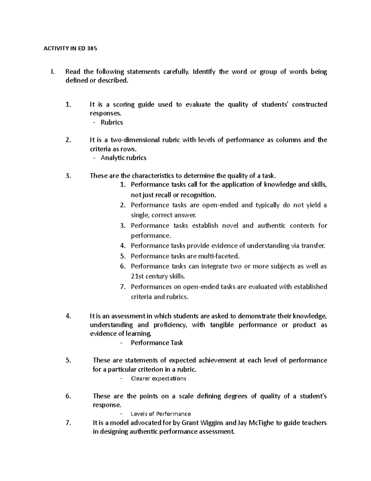 Activity in Ed 305 - ACTIVITY IN ED 305 I. Read the following ...