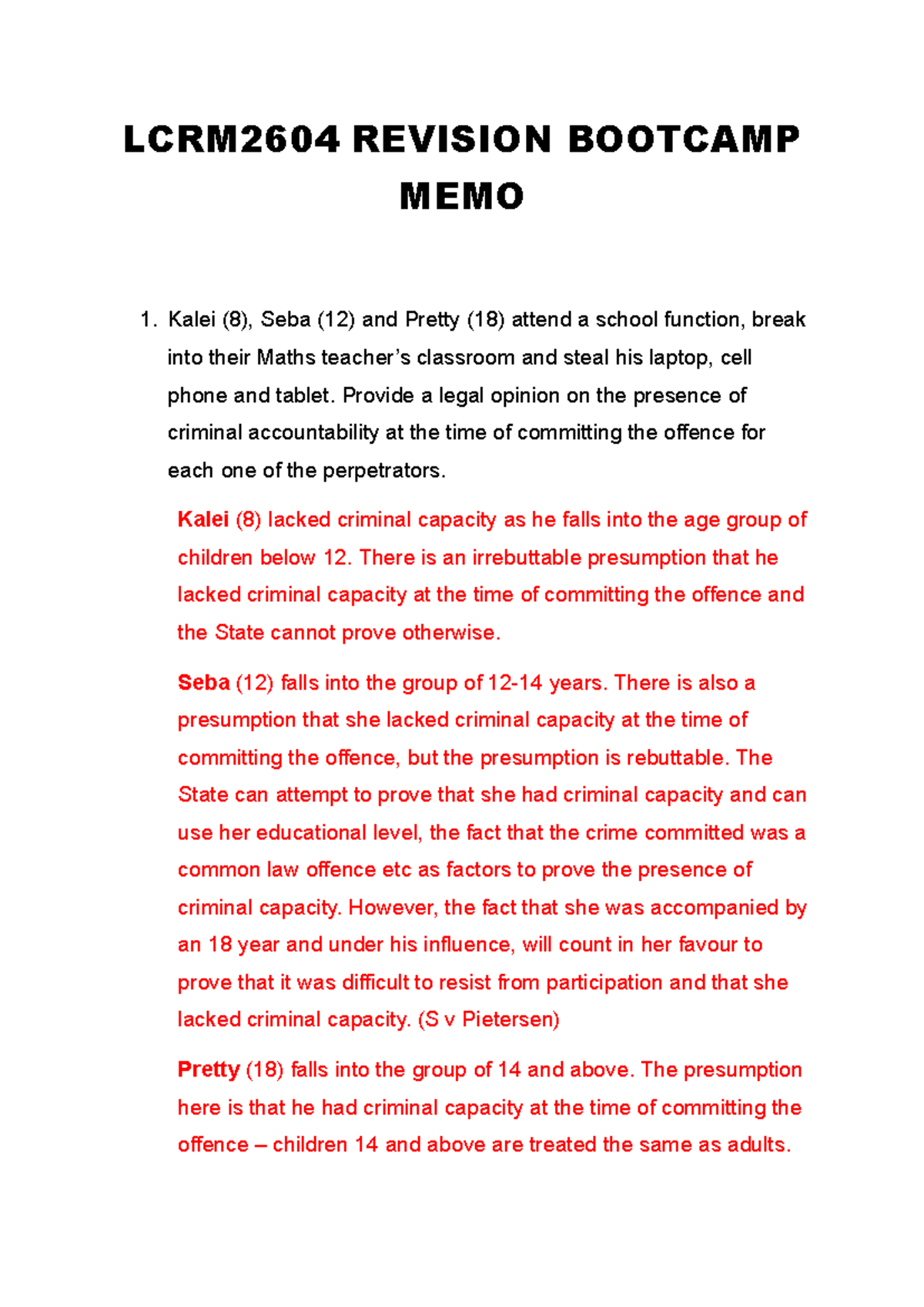 Bootcamp Revision MEMO - LCRM2604 REVISION BOOTCAMP MEMO Kalei (8 ...