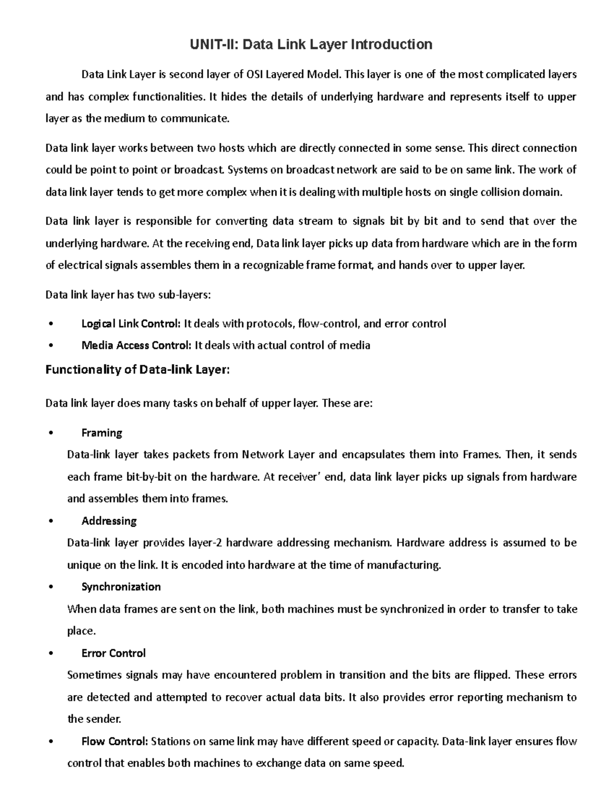 DCN UNIT-2 - good - UNIT-II: Data Link Layer Introduction Data Link Layer is second layer of OSI ...