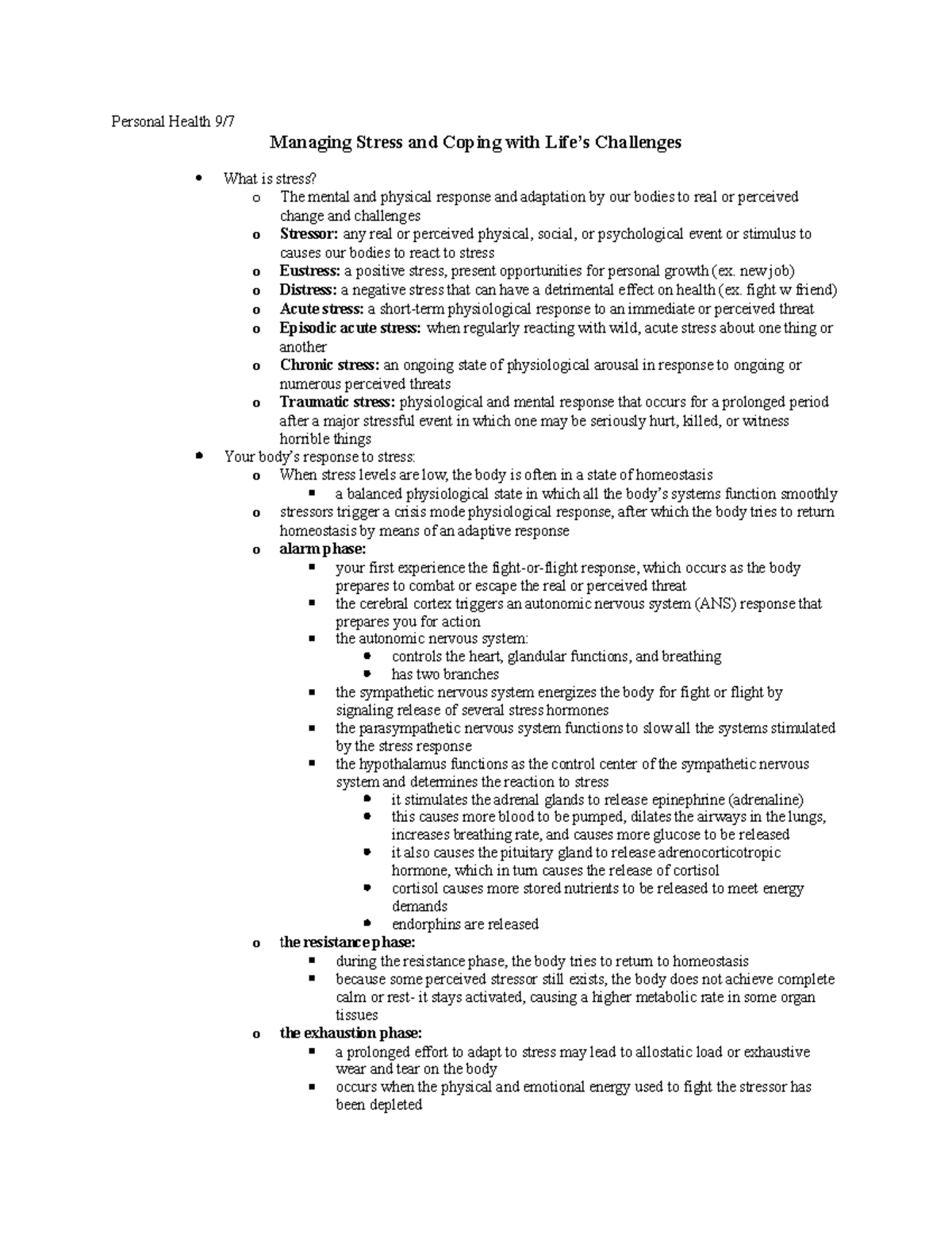 Personal health notes september 7 - Personal Health 9/ Managing Stress ...