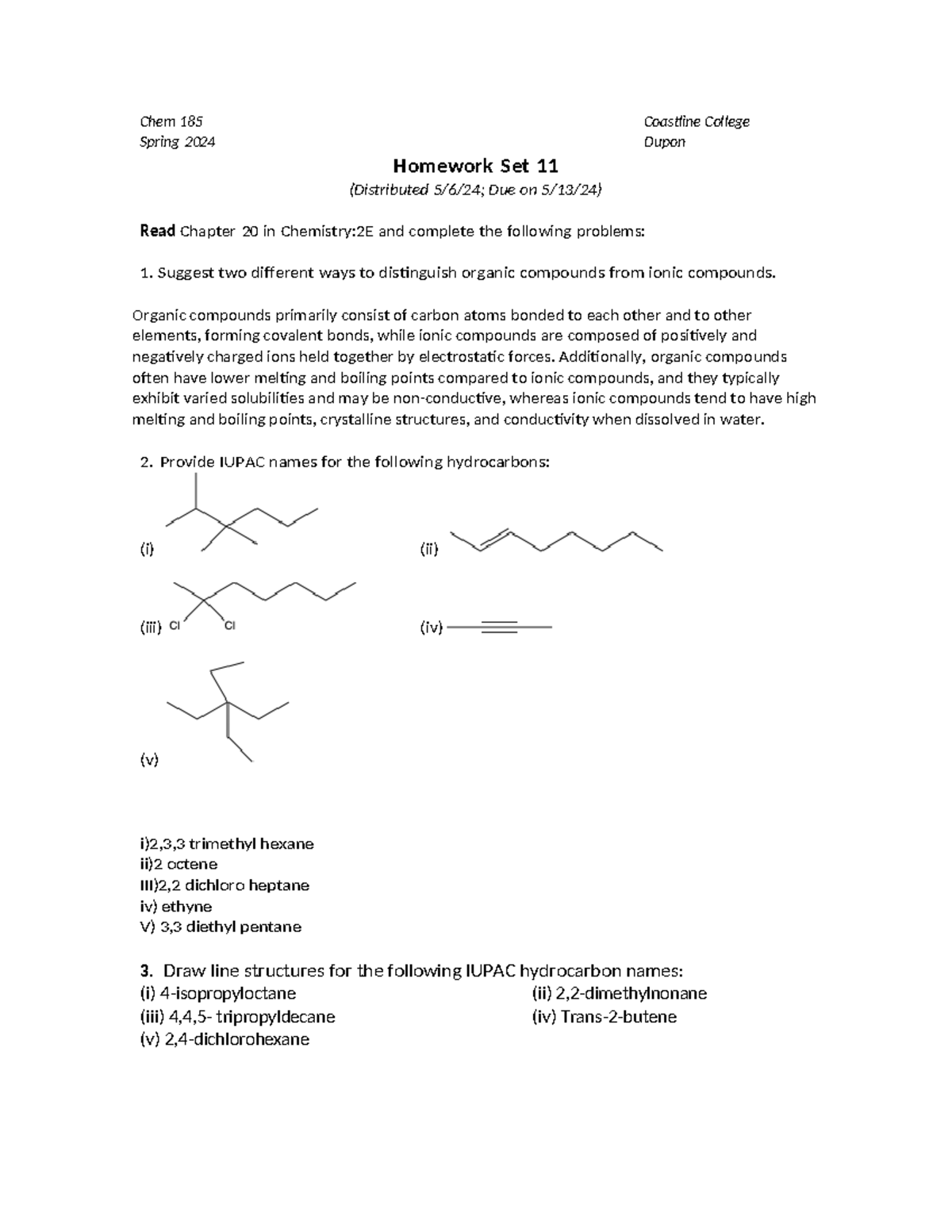 Homework 11 - Chem 185 Coastline College Spring 2024 Dupon Homework Set ...