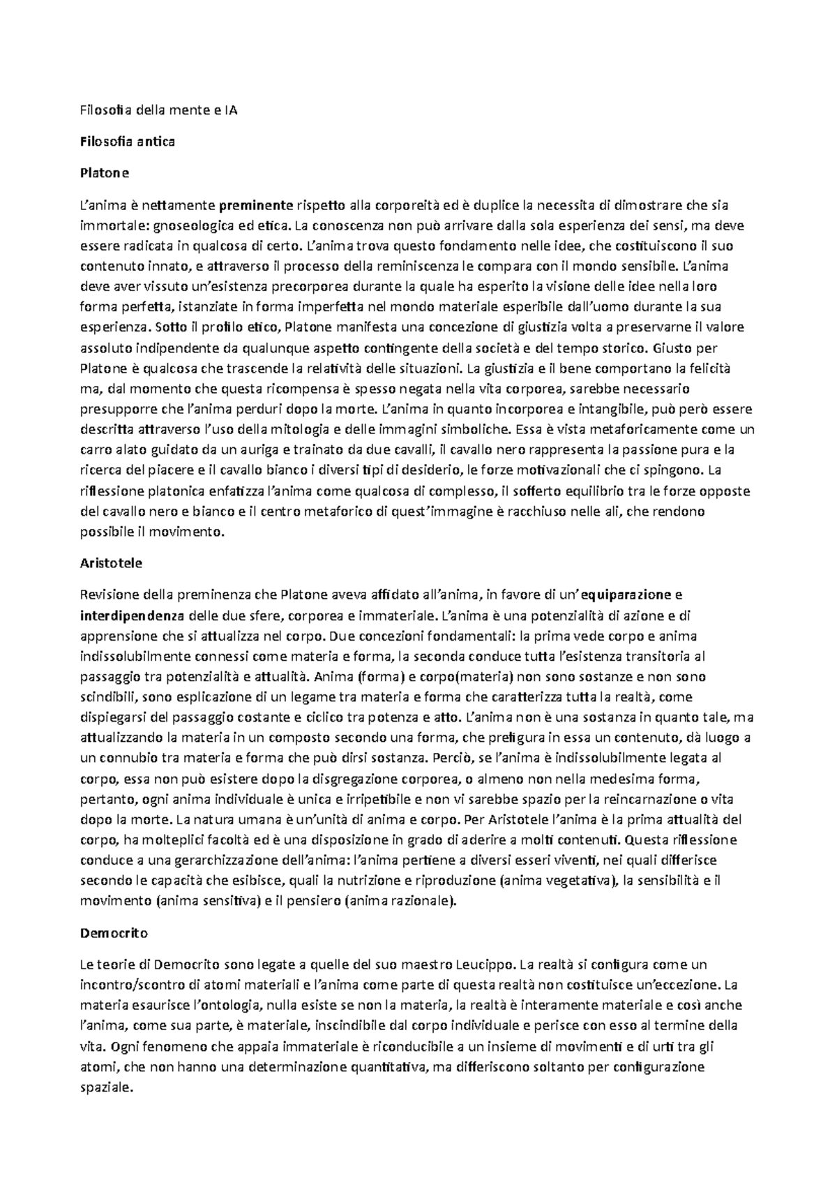 Riassunto filosofia - Filosofia della mente e IA Filosofia antica ...