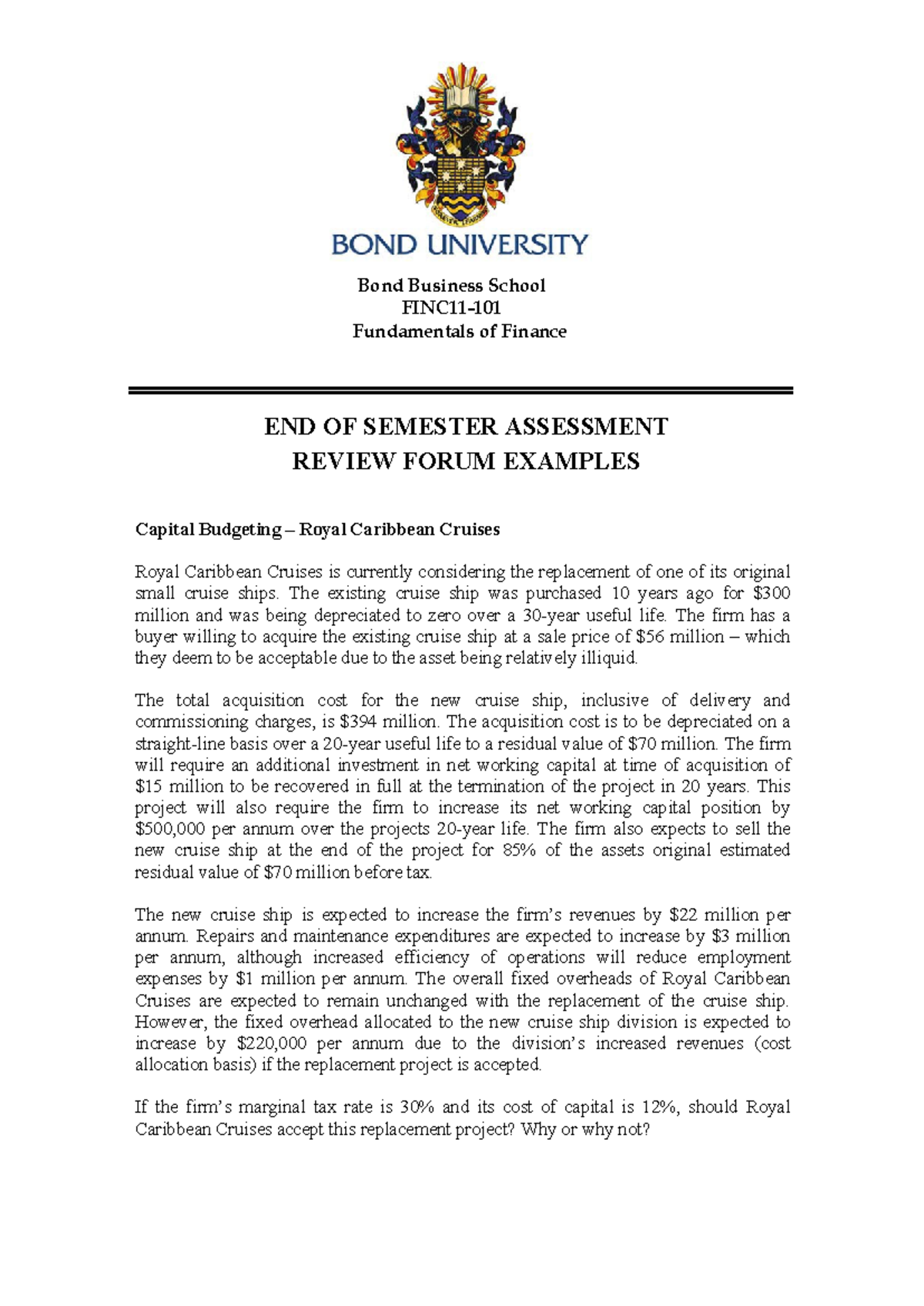 FINC11-101 Review Forum (EOS Assessment) Examples - Bond Business ...