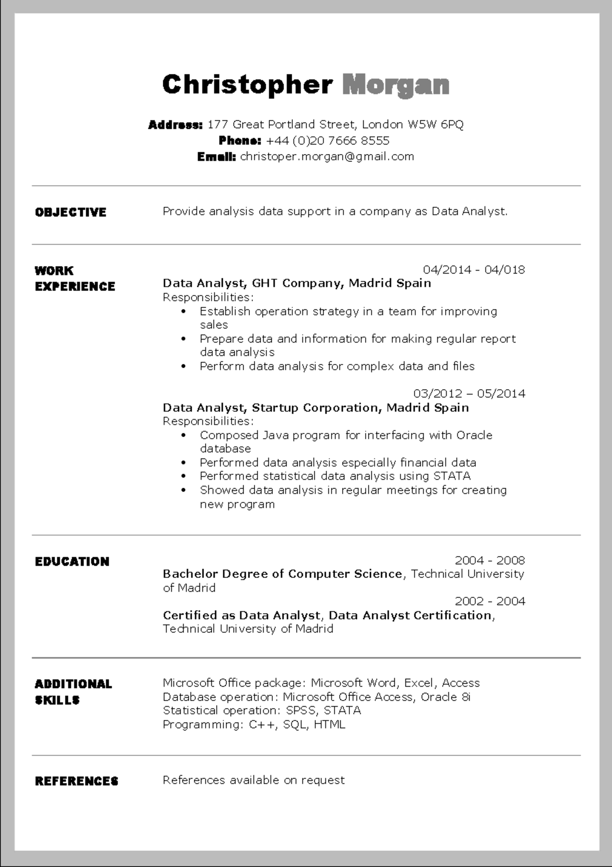resume eng writing format - Christopher Morgan Address: 177 Great ...