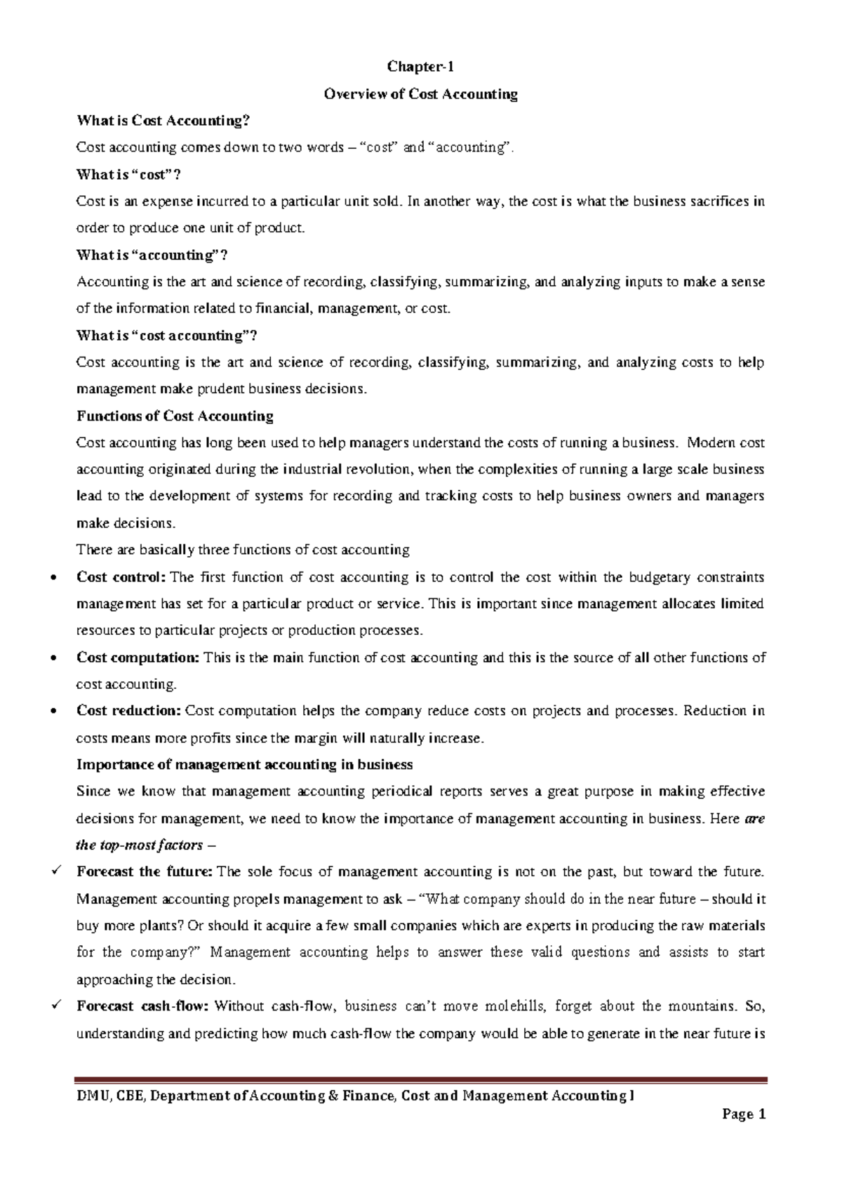 Overview of Cost and Management Accounting Ch-1 - DMU, CBE, Department ...