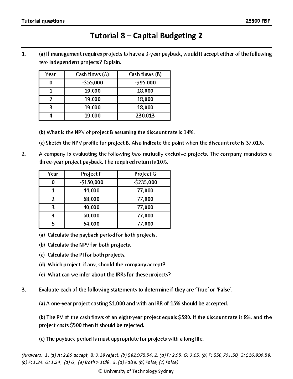 ICQ8 - Tutorial questions 25300 FBF Tutorial 8 – Capital Budgeting 2 (a) If management requires ...