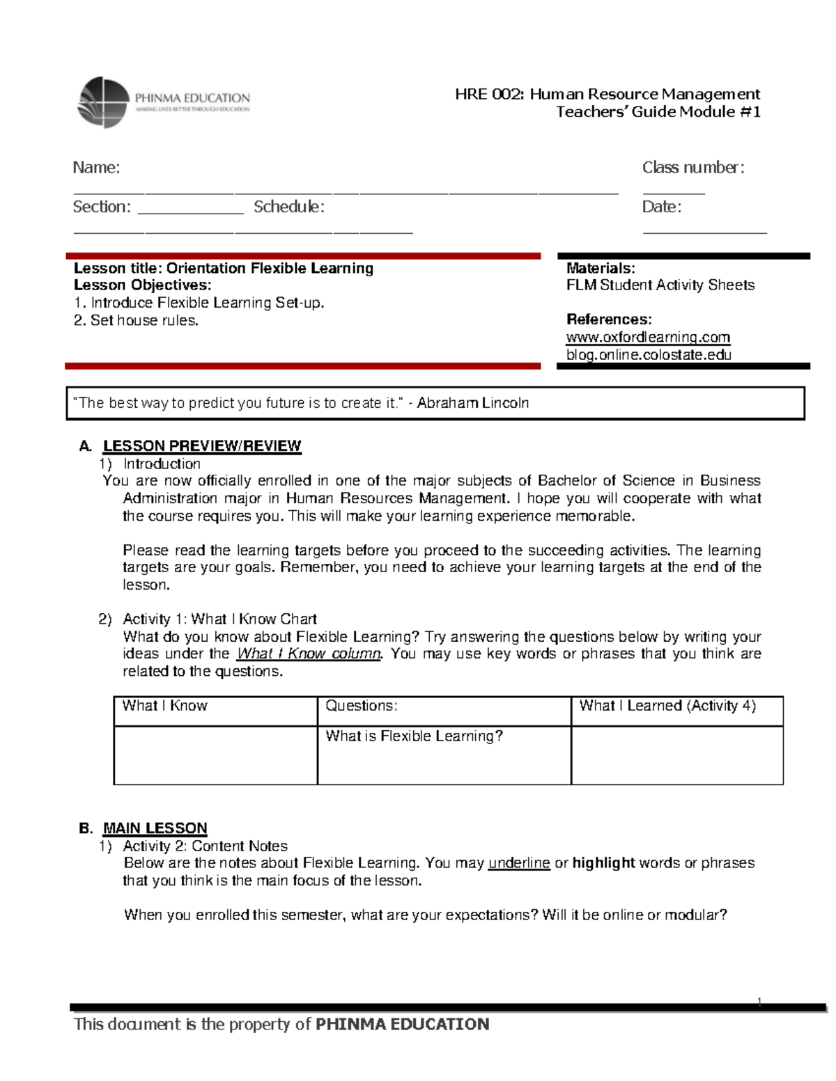 TG#1-HRE002 - Human Resource Management - Teachers’ Guide Module # Name ...