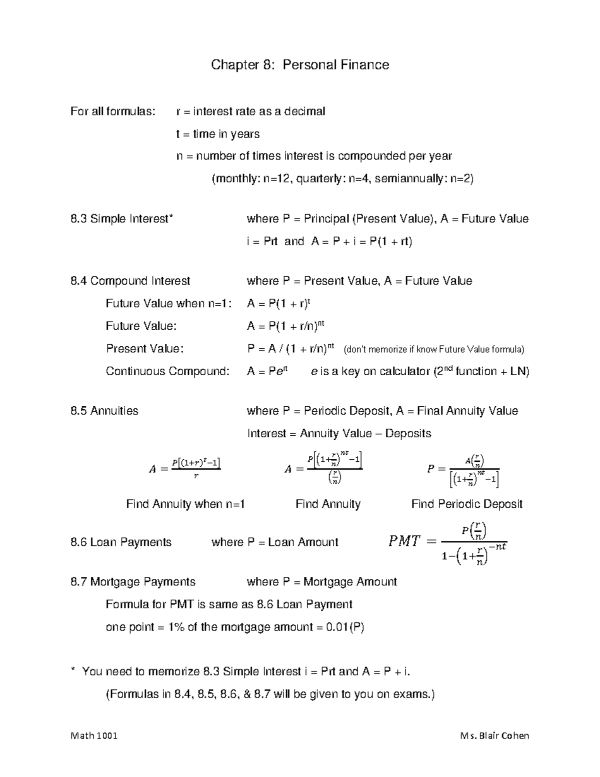 8 Personal Finance - (Formulas in 8, 8, 8, 8 will be given to you on ...