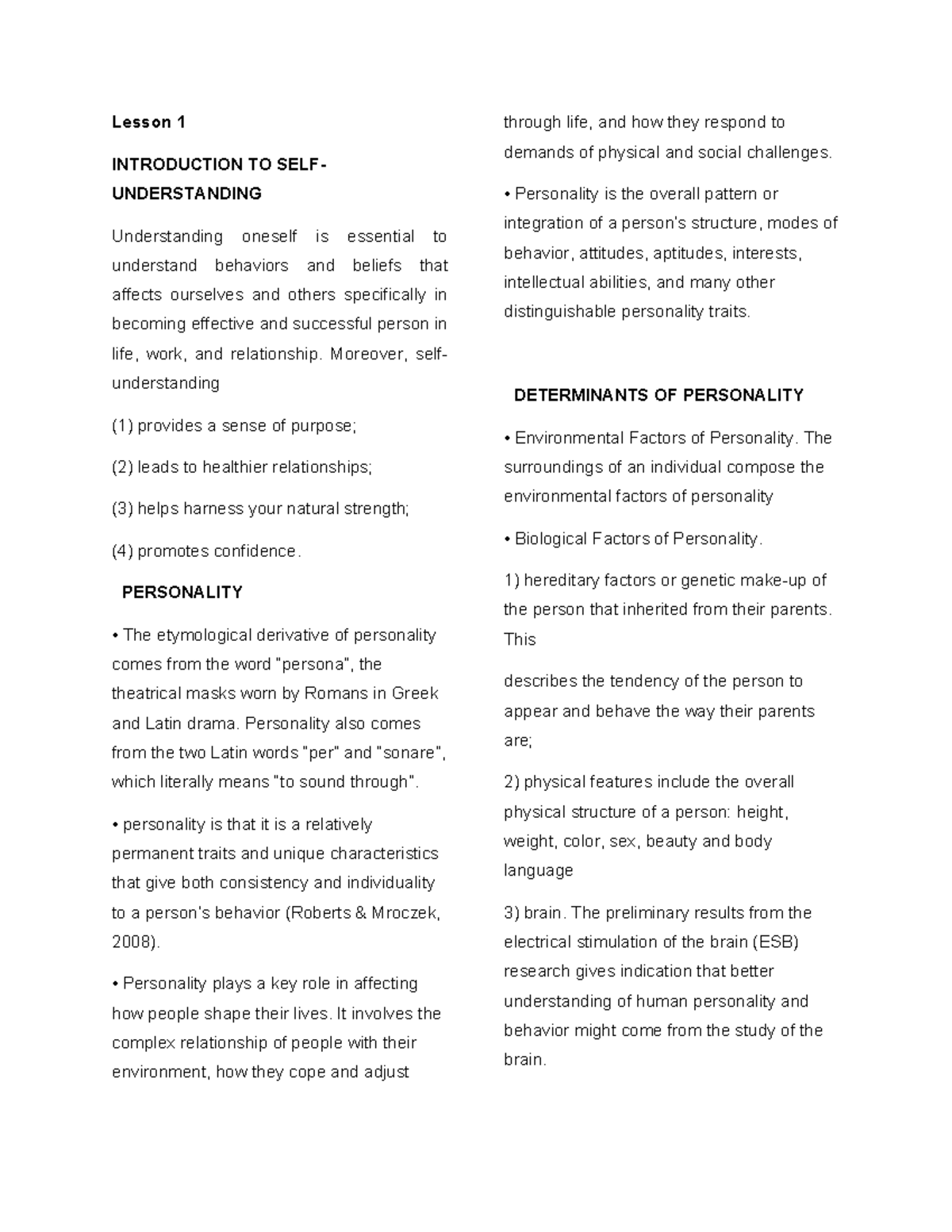 UTS Reviewer - n/a - Lesson 1 INTRODUCTION TO SELF- UNDERSTANDING ...
