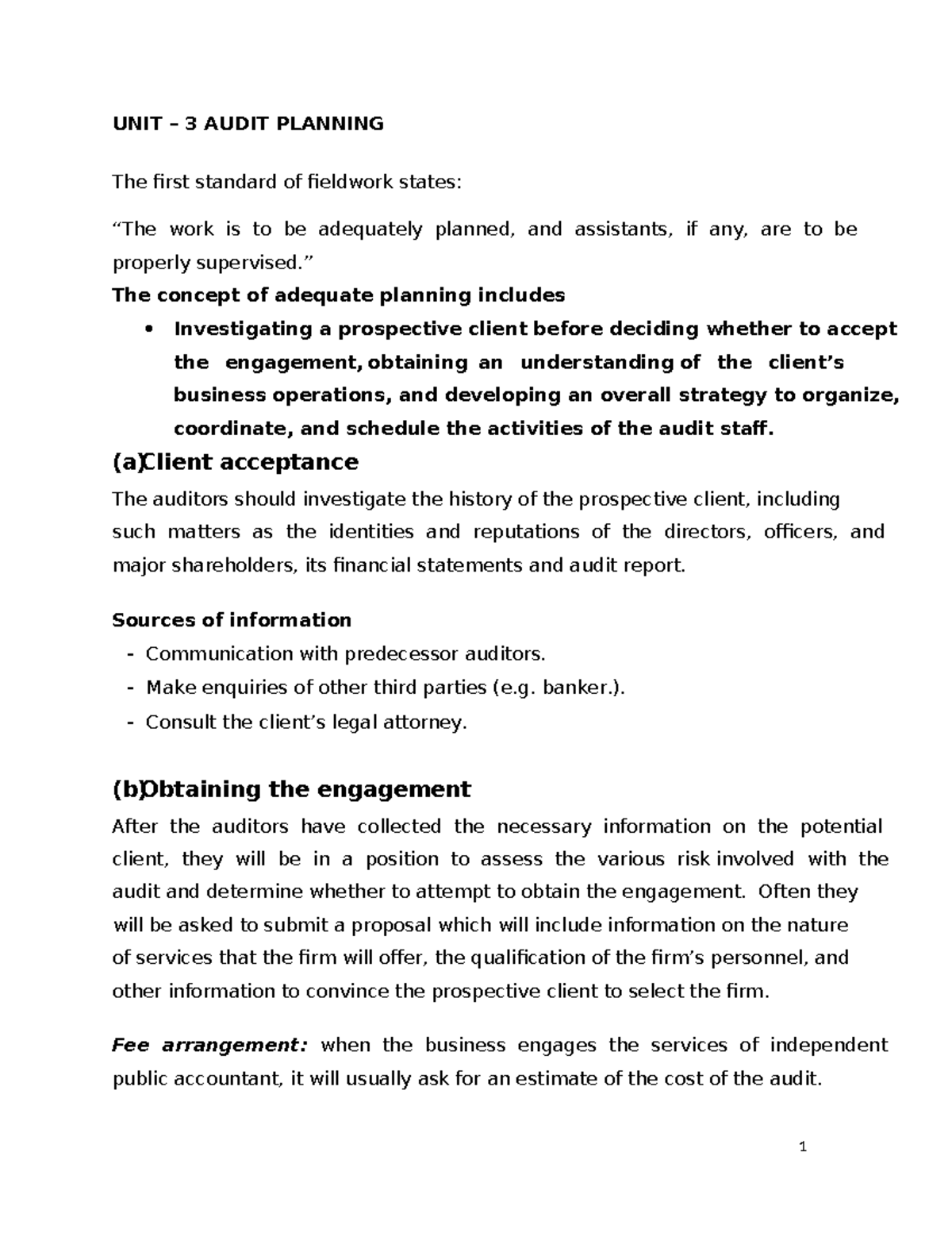 Aud Ch 3-1 - Audit - UNIT – 3 AUDIT PLANNING The first standard of ...